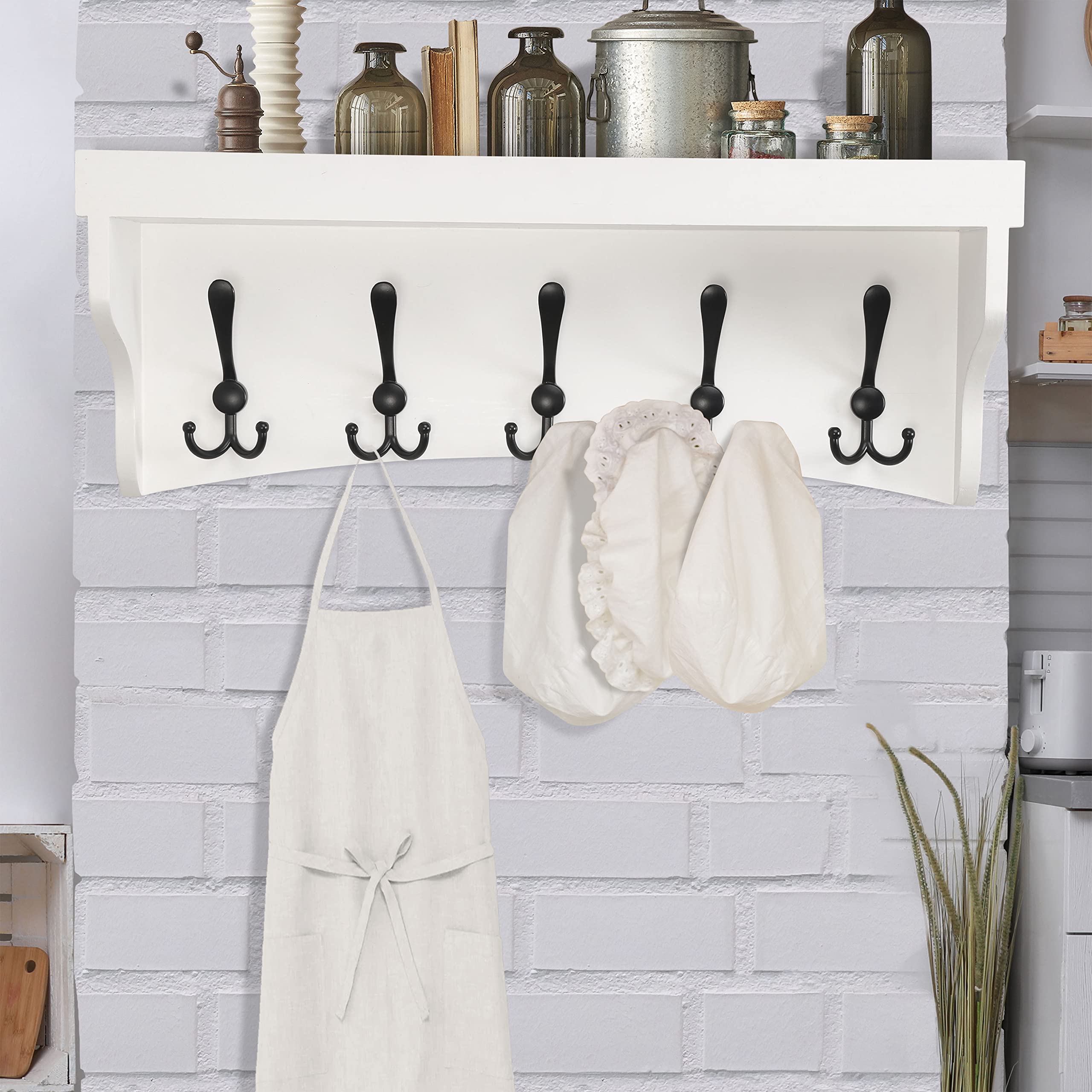 Dseap Coat Rack Wall Mounted Shelf with 5 Tri Hooks 24-Inch Heavy Duty Wood Entryway Shelf with Hooks, Coat Hanger Shelf, White & Black