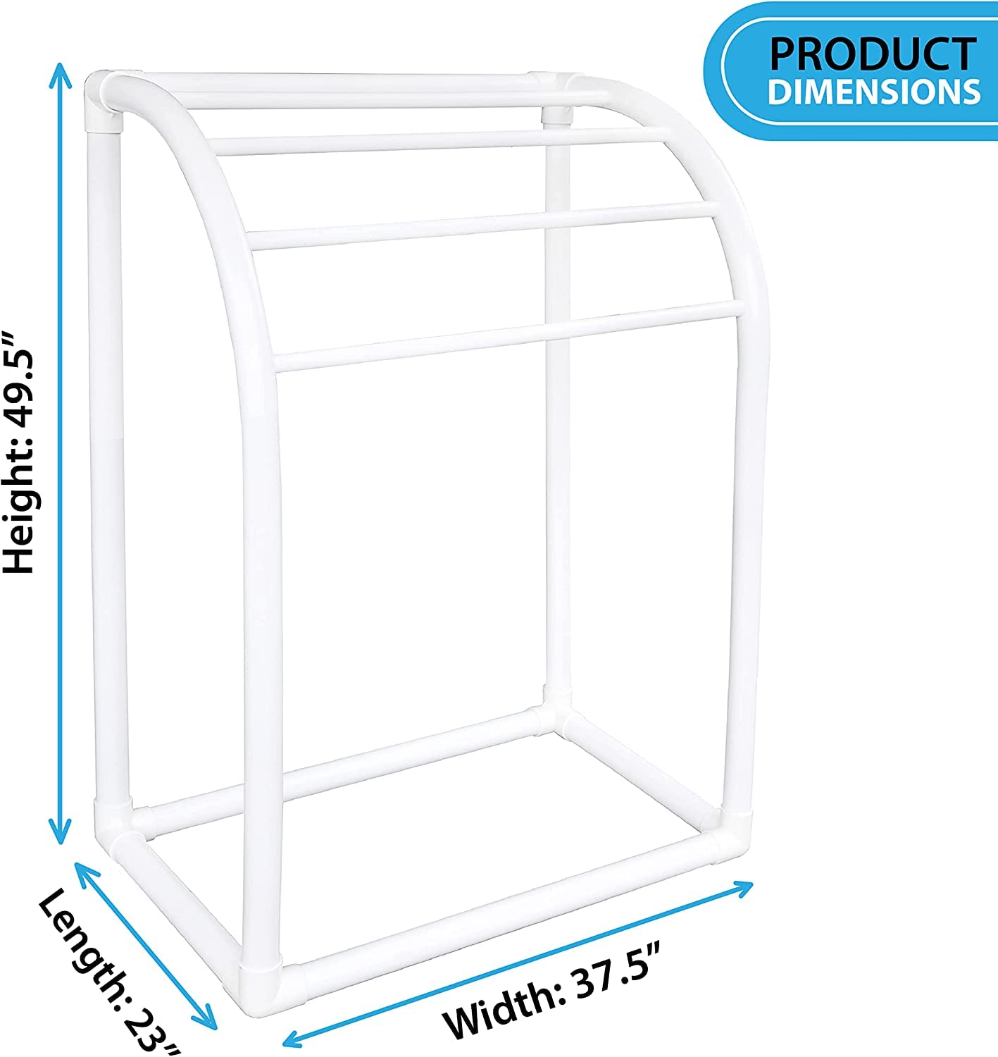 Pool Bins 5 Bar Curved Towel Rack - Free Standing Poolside Storage Organizer - Also Stores Floats, Paddles and Noodles, (23" L x 37.5" W x 49.5 H), White