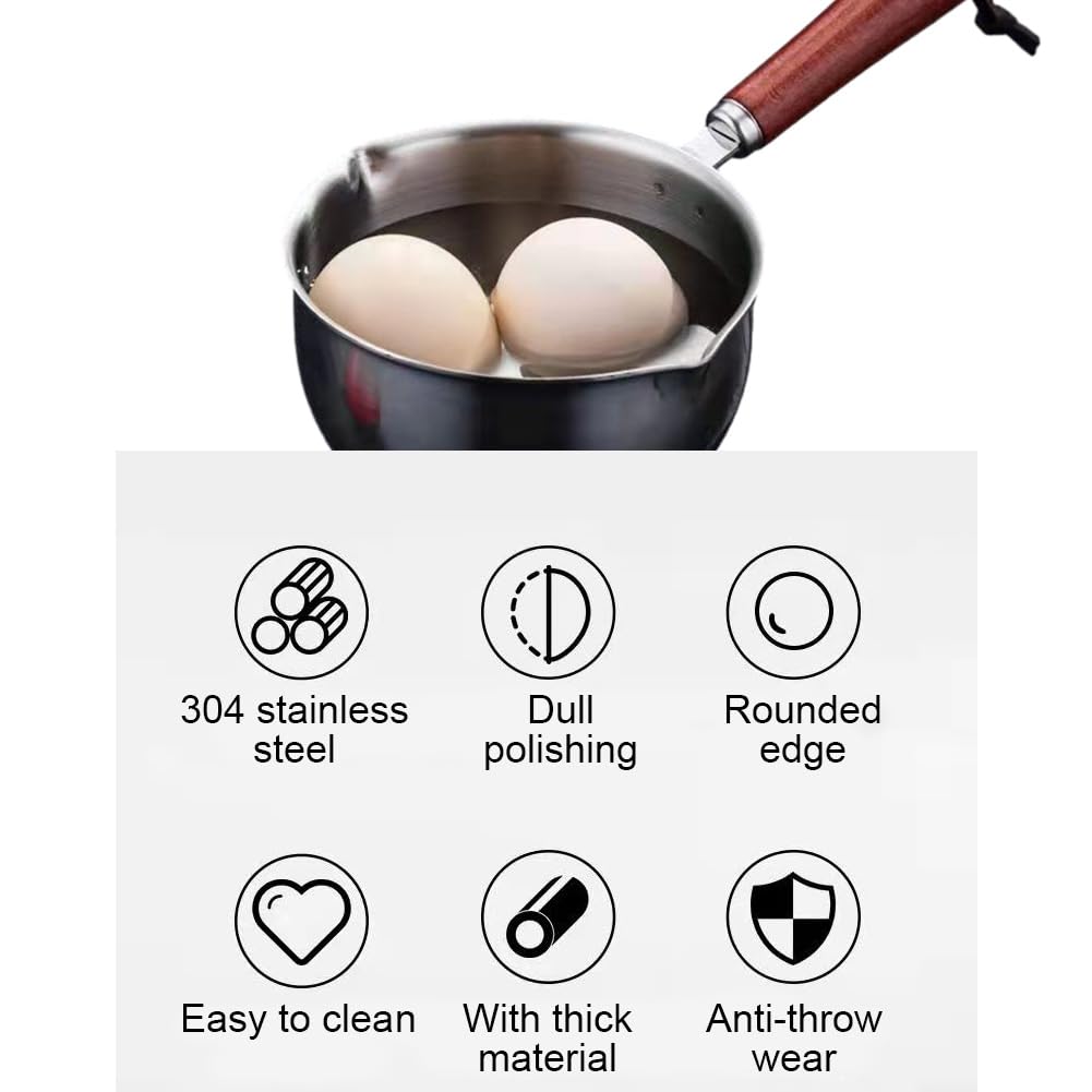 Butter Warmer Pot,Inside with clear scale Small Saucepan with Heat Resistand Wooden Handle and Dual Pour Spout Stainless Steel Small Milk Saucepan(size:300ml)