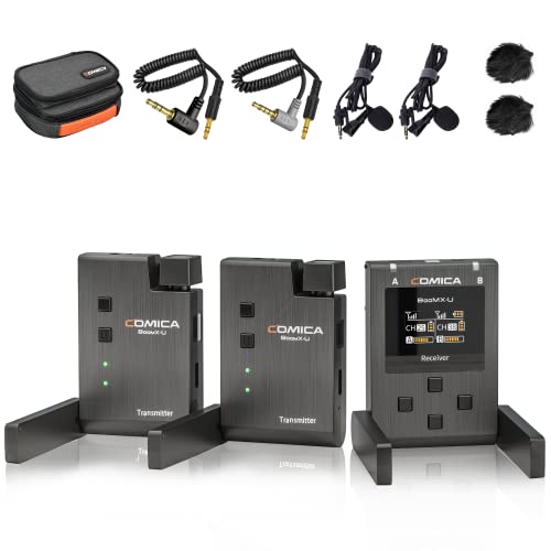COMICA BoomX-U2 UHF Wireless Lavalier Microphone System with Dual-Channel Recording, Noise Reduction, 394' Range, Screen Flip, Lav Mic for Camera Smartphone Podcast Interview YouTube Facebook Live