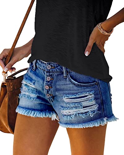 cordat Women Mid Rise Ripped Stretchy Jeans Shorts Frayed Raw Hem Casual Denim Shorts