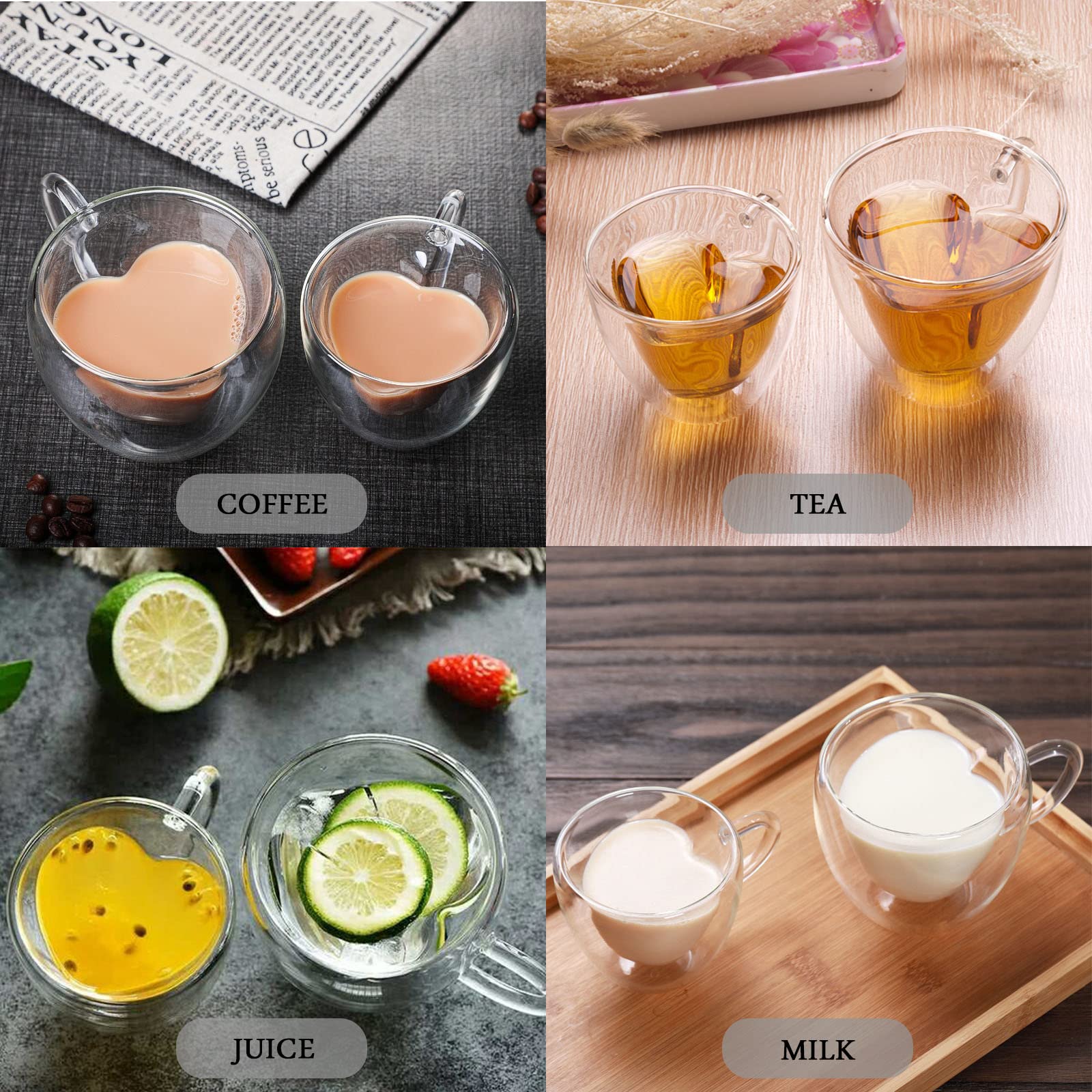Asng Heat resistant creative double layer heart cup cup clear glass milk cup tea milk cup cup coffee cup (240ML/8oz)