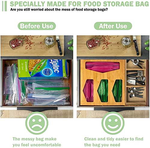 Bamboo Bag Organizer for Drawer, 1 Box of 4 Slots Ziplock Bags Storage Organizer for Gallon Quart Sandwich Snack Variety Size Bag, Nemesis of Chaos Drawer