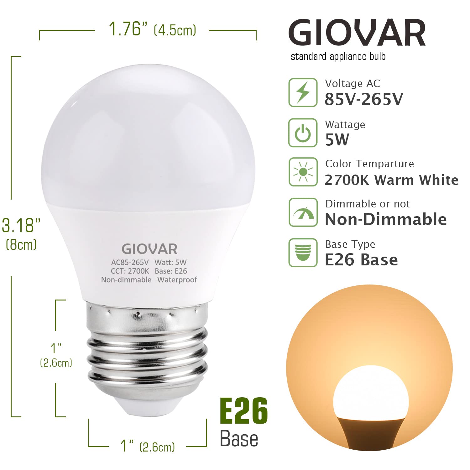 GIOVAR LED Range Hood Light Bulbs Replacement, 40 Watt Equivalent, LED Appliance Bulb for Refrigerator/Stove Hood/Fridge, 2700K SOFE White, E26 Base, Waterproof, Non-Dimmable, Pack of 2