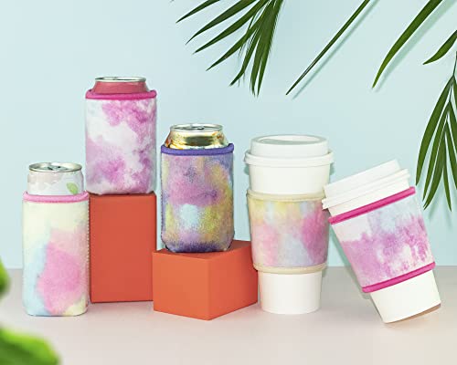 BAGnoREGio 4-Pack Tie Dye Faux Fur Neoprene 12oz Beer Can Cooler Sleeves, Fuzzy Plush Velvet Soda Can Koozies (Rainbow Multi color)