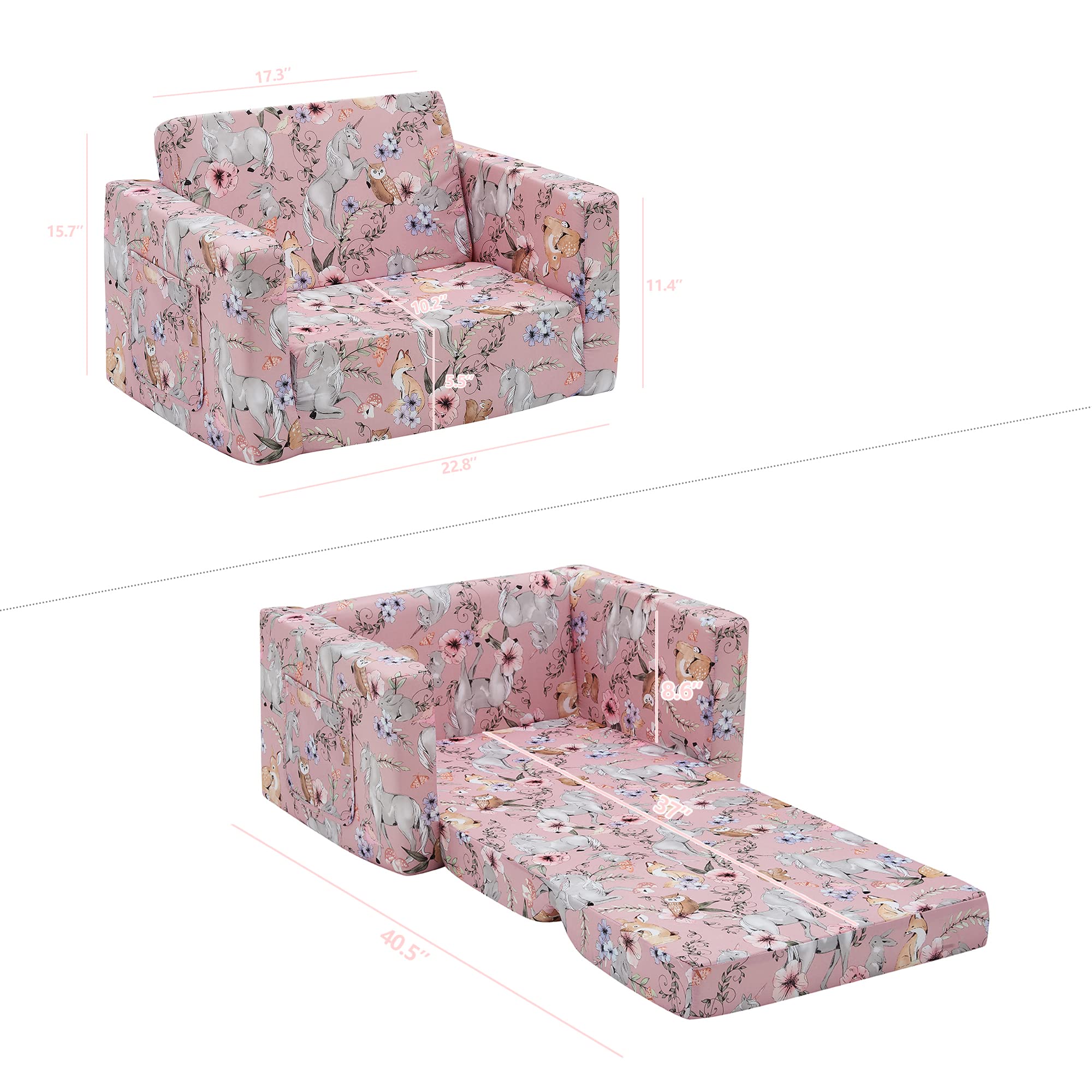 Ulax furniture Kids Convertible Sofas Children Flip-Out Sofa - 2-in-1 to Lounge Chair (Pink Unicorn)