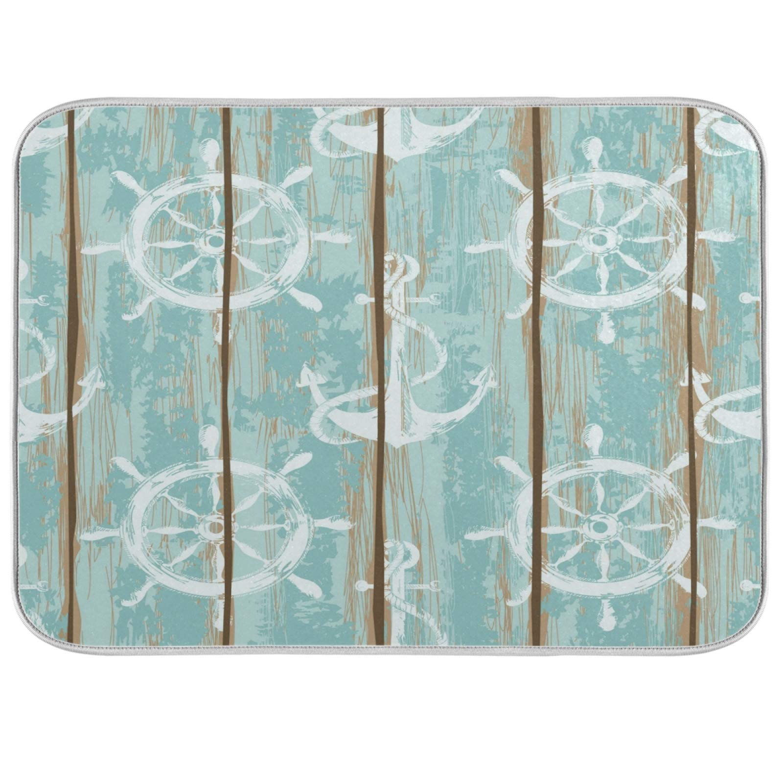 Boards Of Ship Deck Nautical Dish Drying Mat 16x18 inch Absorbent Reversible Microfiber Mat Dish Dry Pad Protector for Kitchen