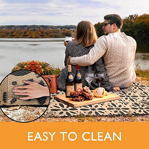 AOLEBA Reversible Outdoor Plastic Straw Rug Mat, 5'x8' Black and Beige Flower Area Rugs for Outdoor, Camping, RV, Patio, Picnic, Beach, Backyard, Deck, Trailer