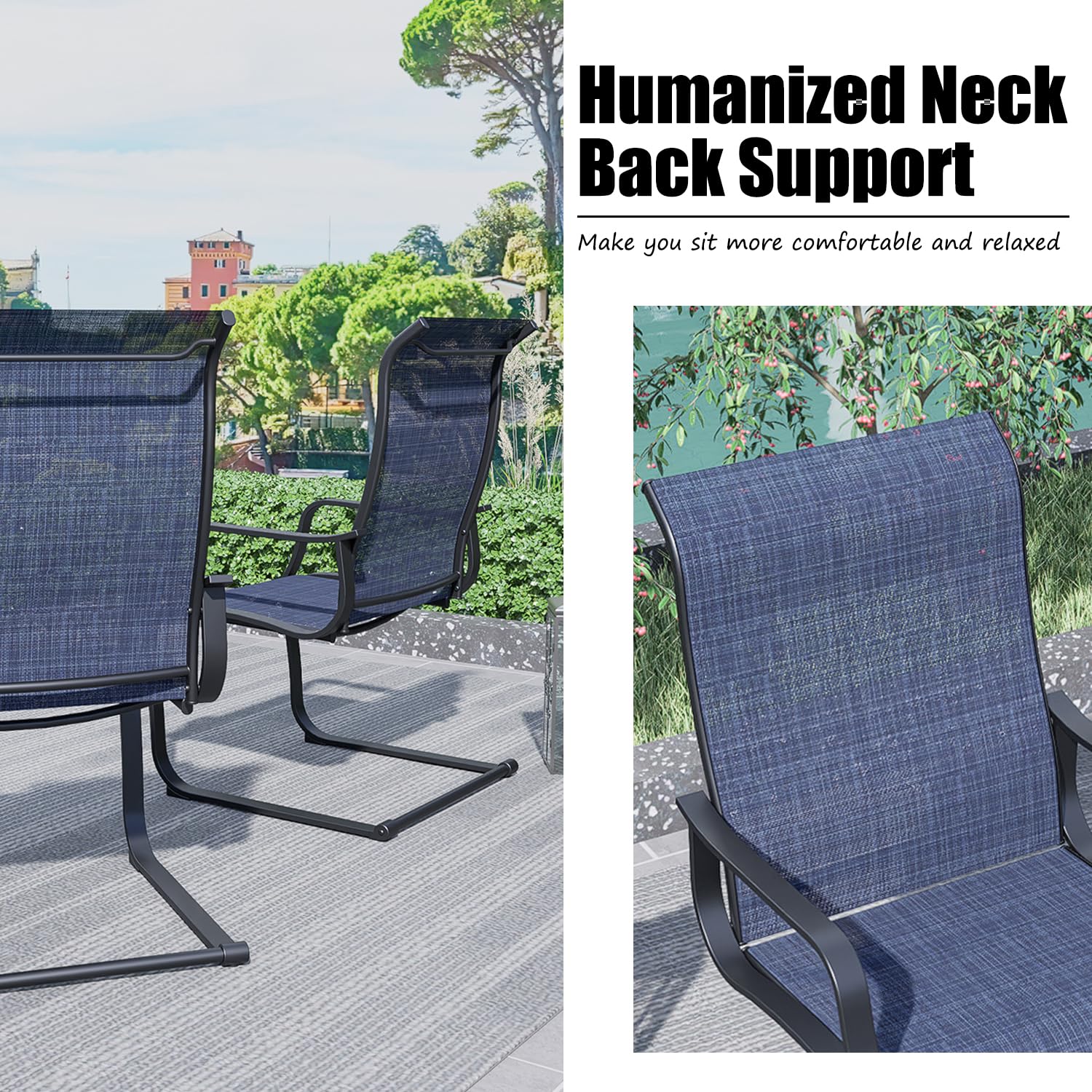 PatioFestival Outdoor C-Spring Dining Chairs Set of 4, Patio Sling High Back Springy Chairs,Textilene Fabric & Black Metal Frame(Blue)