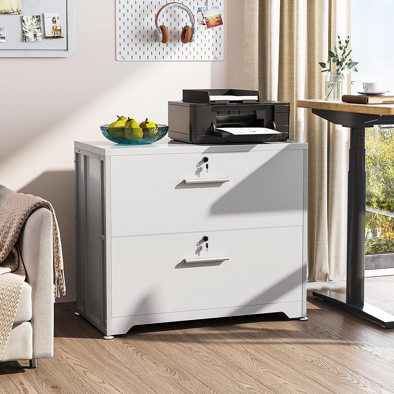 AODK File Cabinet with Charging Station Filing Cabinet for Home Office, Large File Cabinets with Lock, Office Storage Cabinet 2 Drawer for Legal/Letter/A4 File, White
