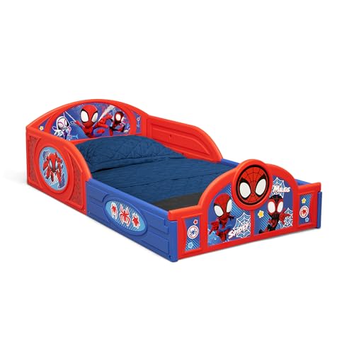 Delta Children - Marvel Spidey and His Amazing Friends 4-Piece Toddler Room-in-a-Box Set โ Includes Sleep and Play Toddler Bed, Table, 1 Chair and Toy Box, Blue/Red