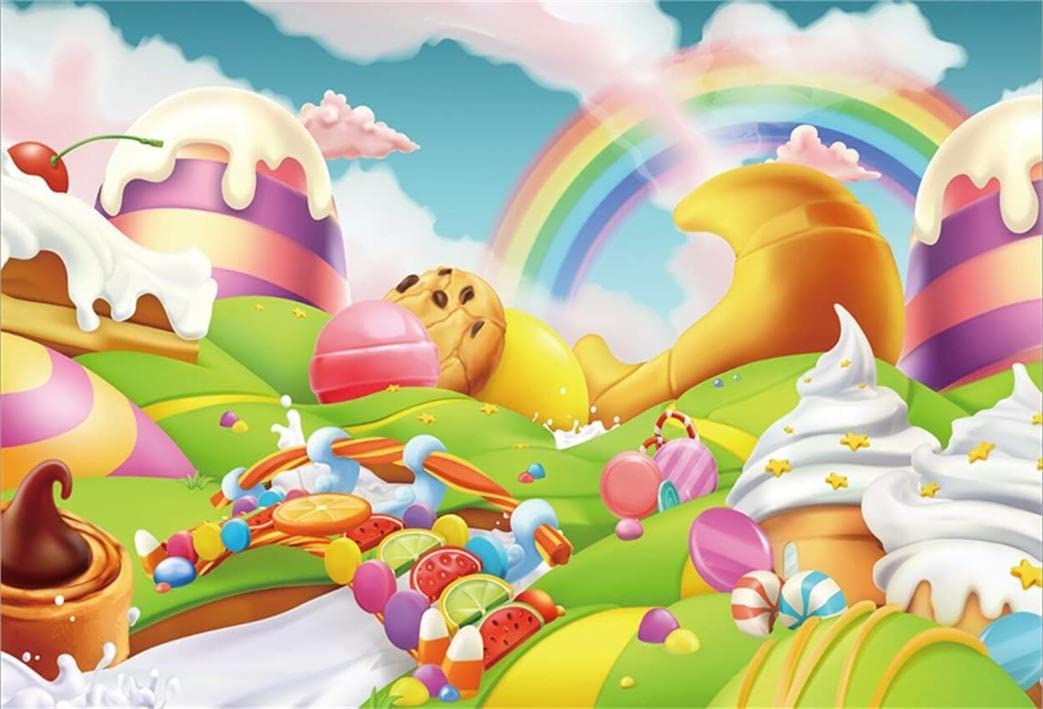 AOFOTO 15x10ft Fantasy Candy Land Landscape Background Cartoon Ice Cream Dessert Lollipop Photography Backdrop Rainbow Birthday Party Decoration Banner Photo Studio Props Kid Baby Girl Vinyl Wallpaper