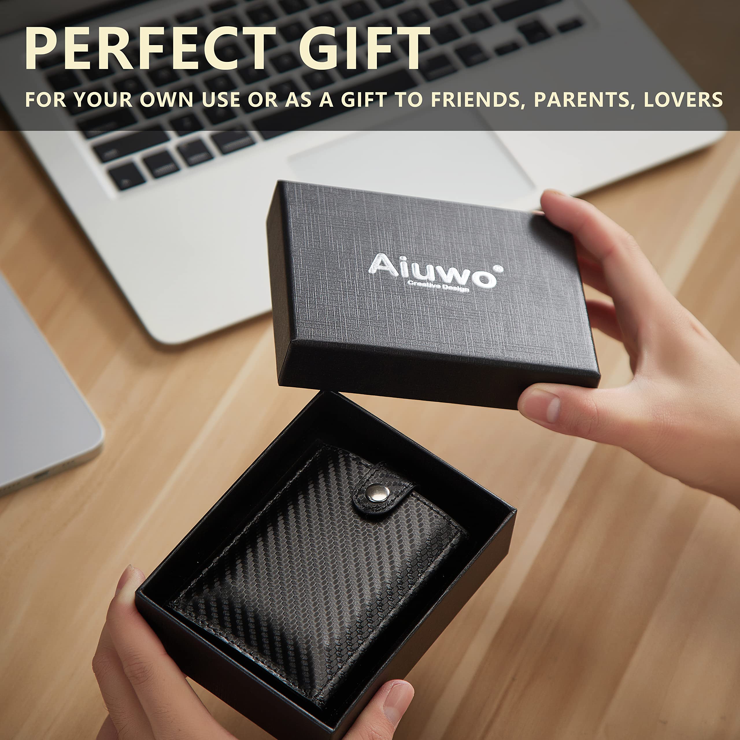 Aiuwo Wallet for Men,Men's Trifold Durable Wallets with ID Window Large Capacity Leather Wallet with Gift Box (Carbon Leather)