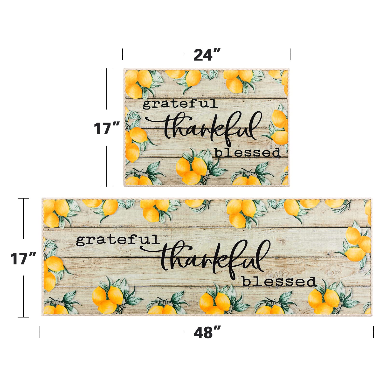 Asrug 2 Pieces Kitchen Rug Set Non-Slip Backing Mat Natural Design Throw Rug for Kitchen Doormat Runner Rug Set, Lemon Design, 17"x48"+17"x24"
