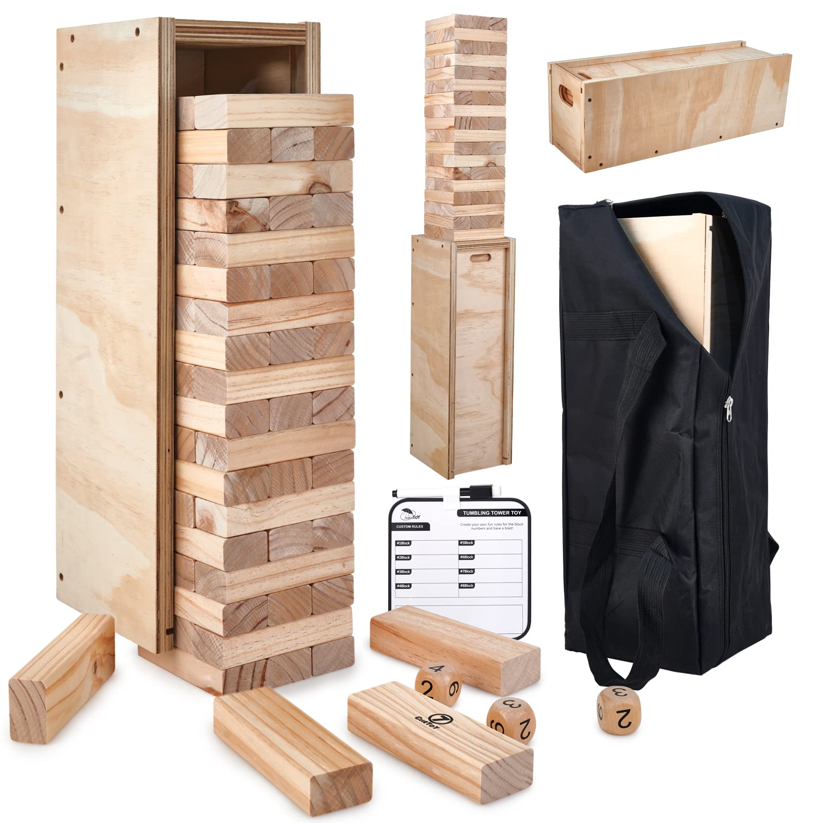 CELETOY Giant Stacking Game, Quick Set-up & Quick Storage Block Wooden Tower Game Set with Carrying Bag and Tumble Tower Box, Grows to Over 6ft, Lawn Games Backyard Outdoor