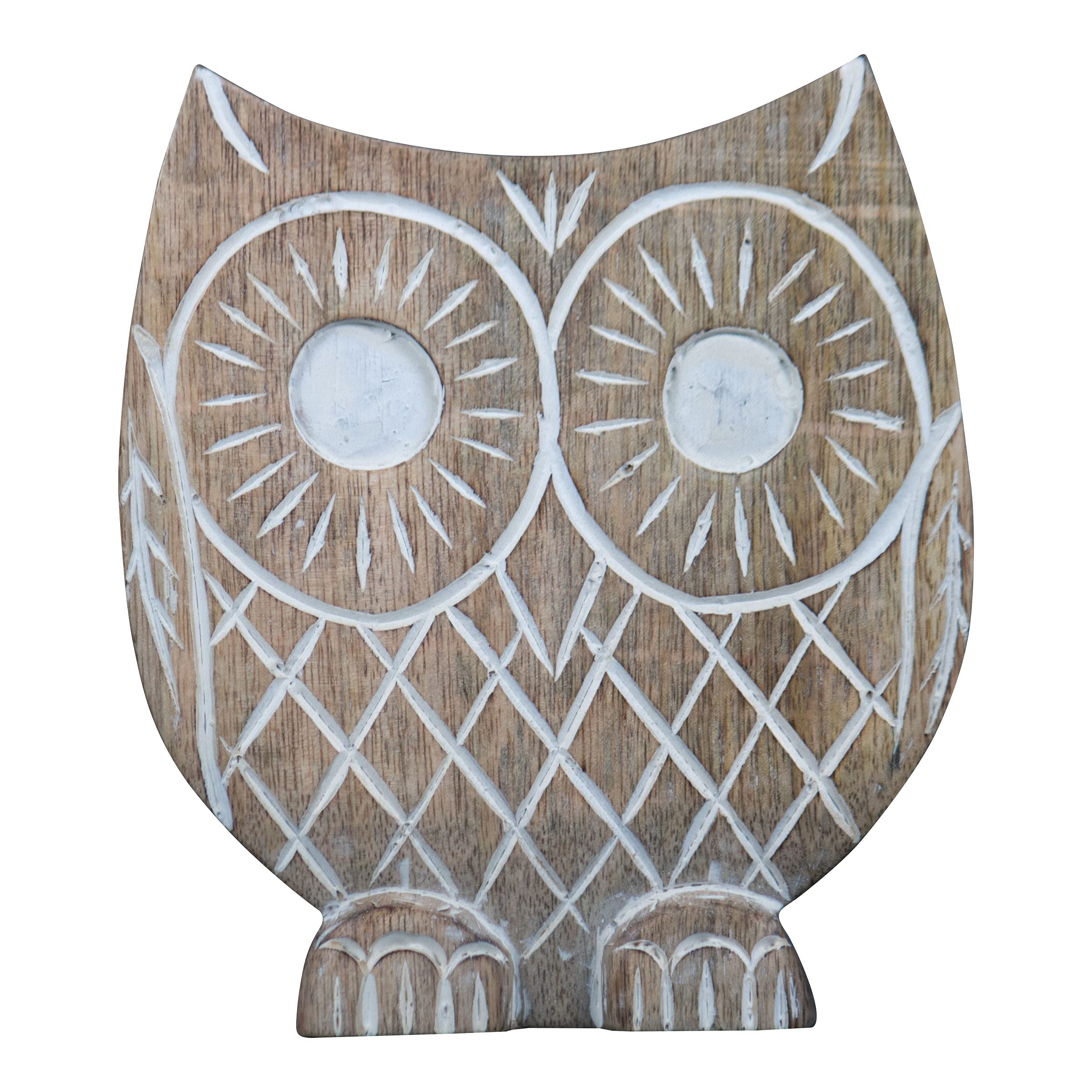 Foreside Home & Garden White Handcarved Wood Owl Figurine FDAD09858, Natural