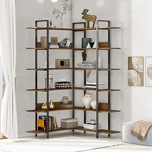 Corner Bookshelf 6-Tier L Shaped Bookcase, Industrial Home Office Open Storage and Display Rack Shelves, Metal Frame