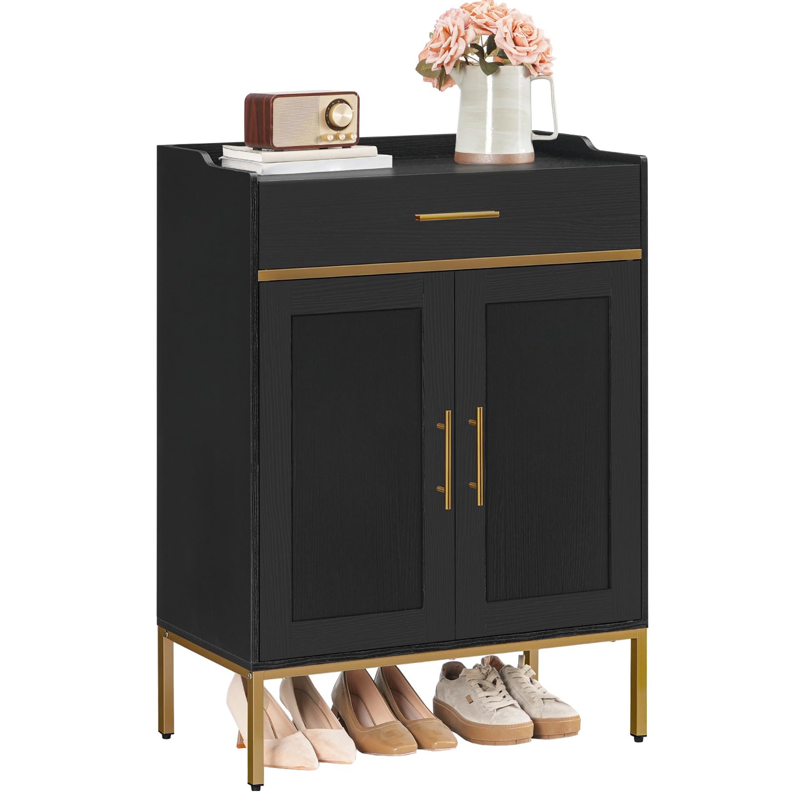 HOOBRO Shoe Storage Cabinet, Narrow Shoe Cabinet, Shoe Cabinet Storage for Entryway, Freestanding Shoe Organizer Cabinet, Shoe Rack Cabinet with Adjustable Shelves, Gold and Black DB14SC01