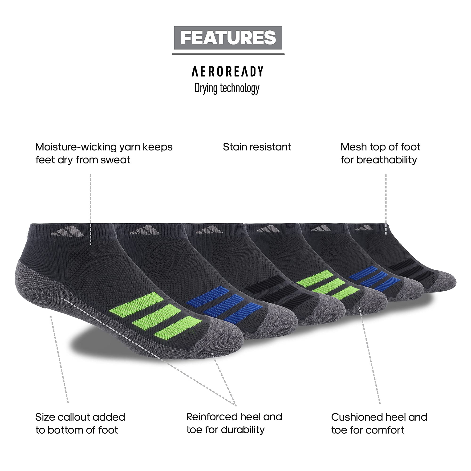 adidas Boys' Youth Cushioned Angle Stripe 6-Pack Low Cut, Onix Grey/Signal Green/Team Royal Blue, Medium
