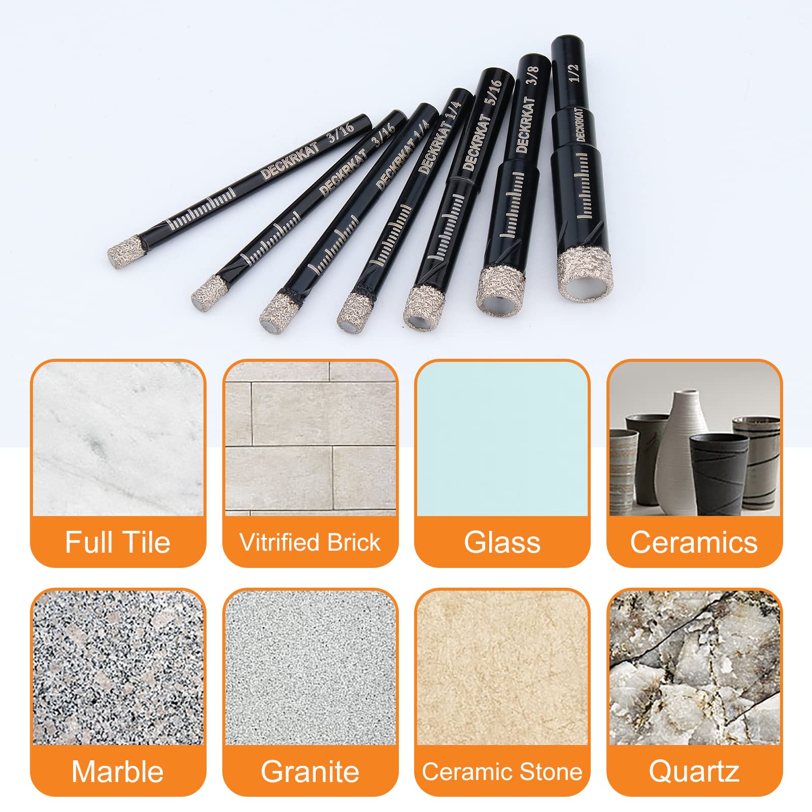 7 Piece Diamond Drill Bits Set, Core Drill Bits for Hard Materials - Tiles Ceramics Glass Stones – Built in Coolant, Fast Dry Drilling - Sizes 3/16" 1/4" 5/16" 3/8" 1/2" - Round Shank, Storage Case