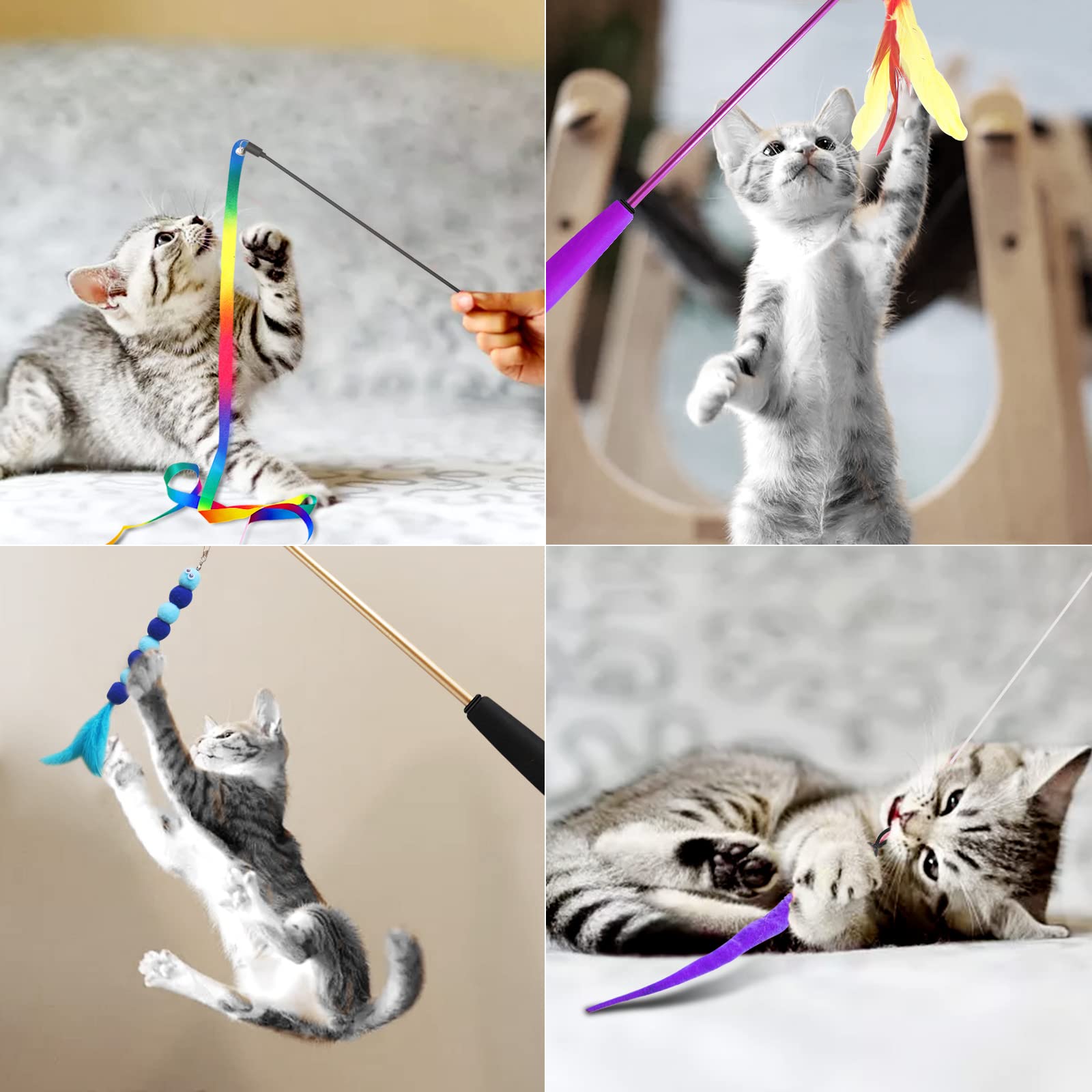 Atosun Cat Toys, 2PCS Retractable Cat Feather Toys, 10PCS Replacement Teaser Refill, 1PC Rainbow Ribbon Wand Interactive Kitten Toys for Indoor Cat Make Exercise