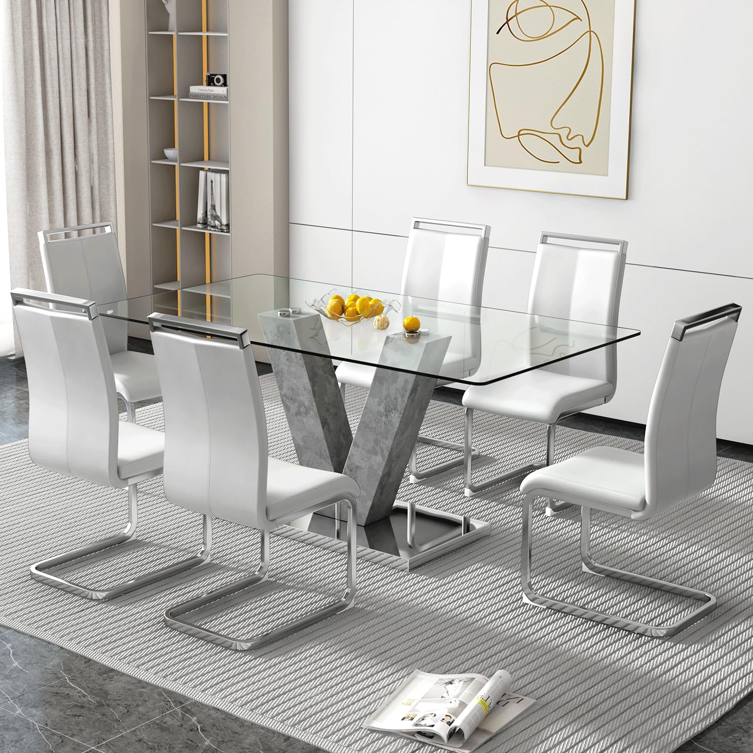 7 Piece Glass Dining Table Set,Kitchen Table and Chairs for 6,Modern Kitchen Table with 6 PU Leather Dining Chairs.71''Rectangular Dinner Table Set Ideal for Living Room