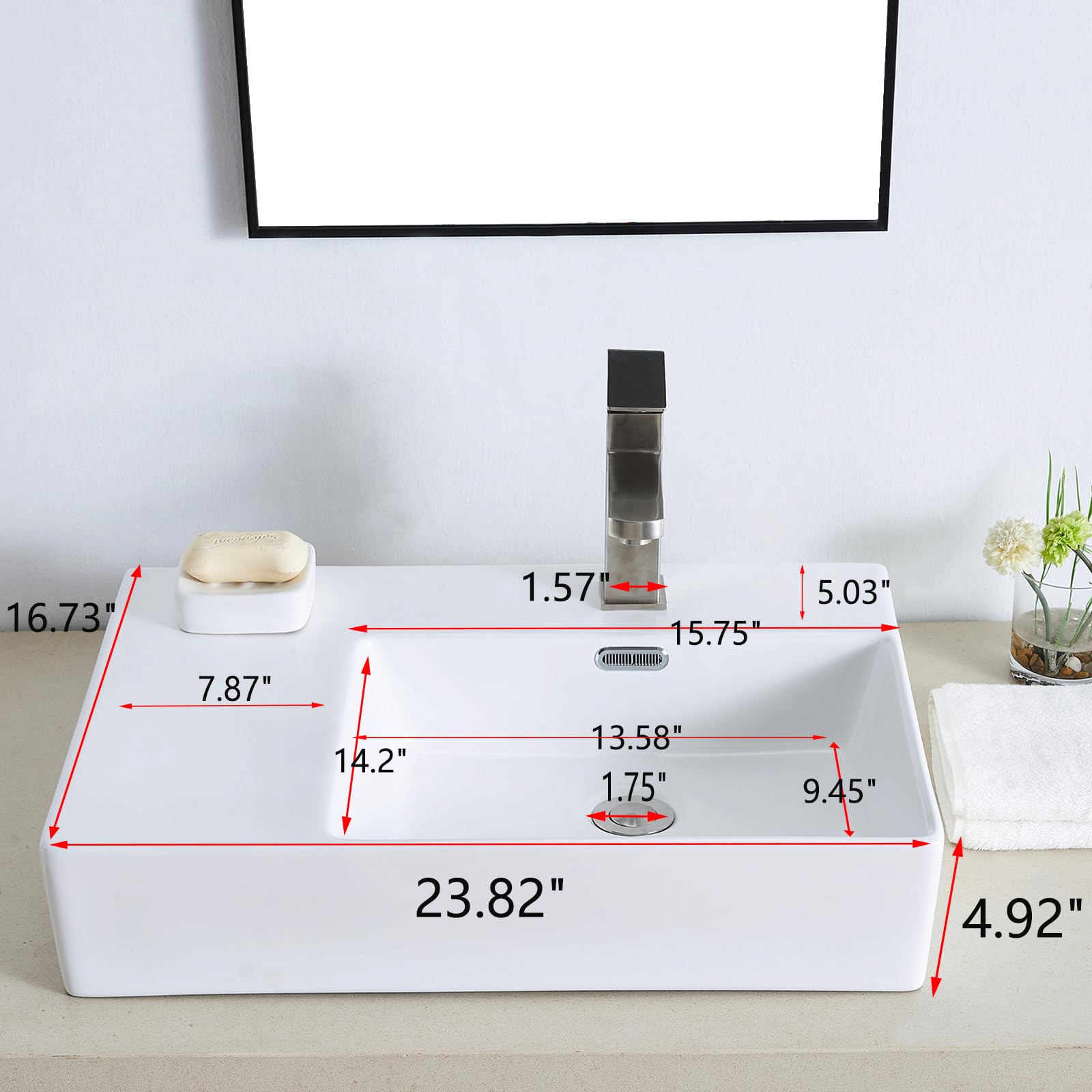 Bathroom Sink,White Wall Mounted Sink,Rectangle Wall Mount Bathroom Vessel Sink,24"X17"Modern Floating or Countertop Porcelain Ceramic Washing Bathroom Lavatory Sink,Right Side