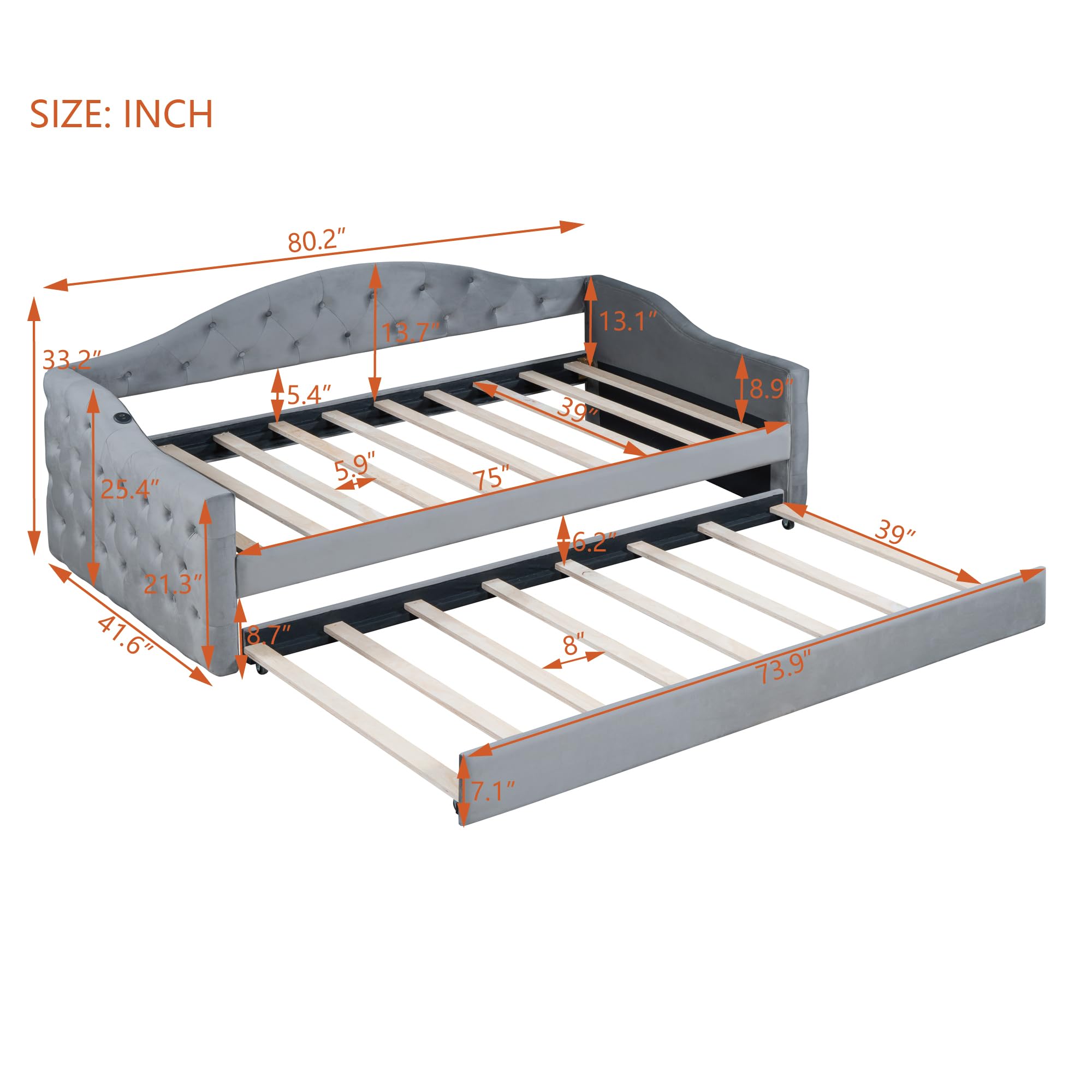 Harper & Bright Designs Twin Daybed with Trundle and USB & Type-C Charging Ports, Modern Upholstered Daybed Frame, Velvet Twin Sofa Bed Frame for Living Room, Bedroom, Gray