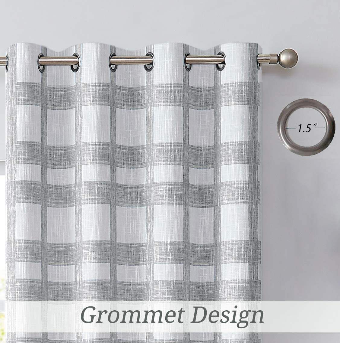 Central Park White Grey Plaid Blackout Window Curtain Linen Buffalo Check Geometric Panel 84" Long for Bedroom Living Room Grommets Top Rustic Farmhouse Room Darkening Thermal Insulated Drape, 1 Pc