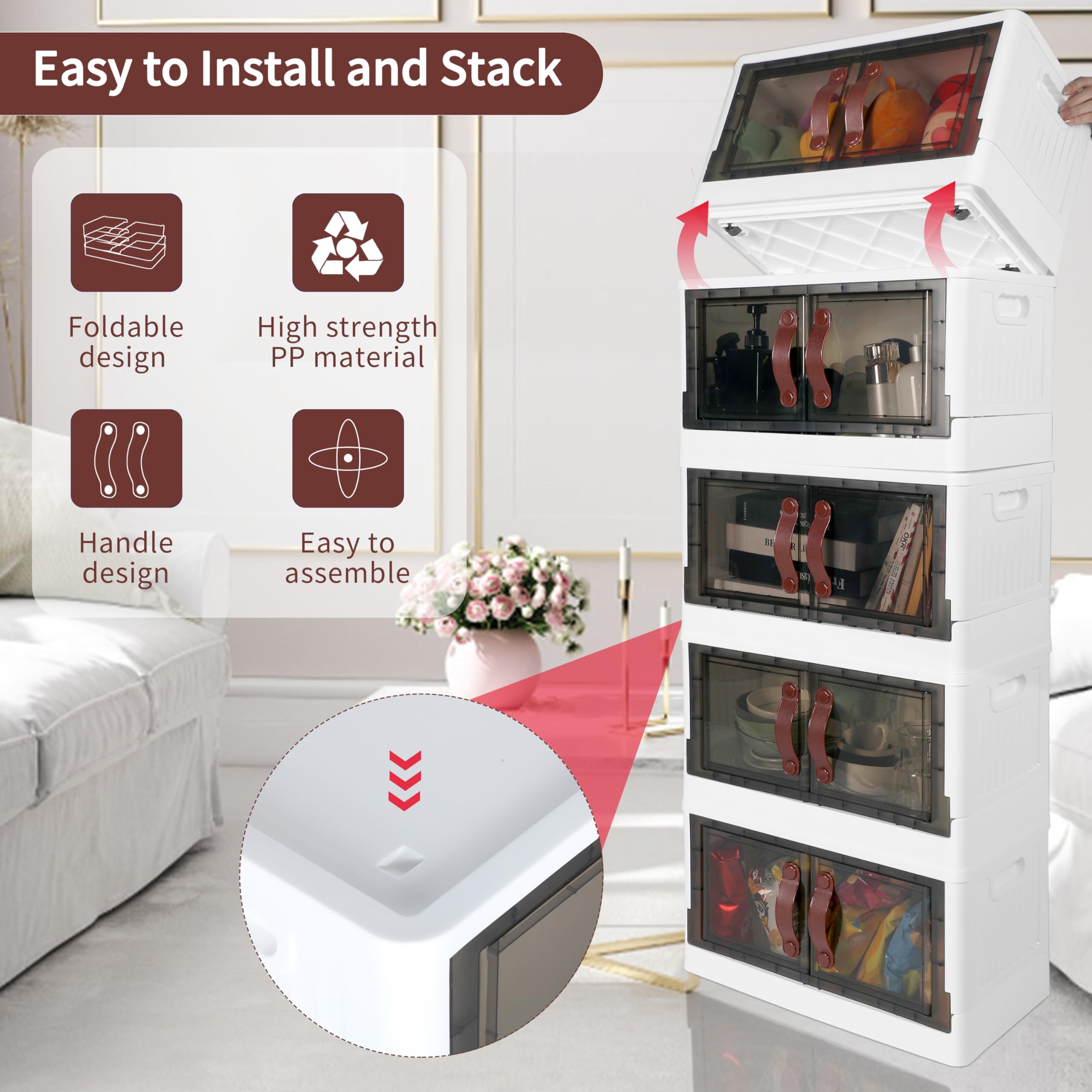 YSSOA Plastic Storage Bins with Lids, 50Gal-5 Tiers, White-Clear Brown Door