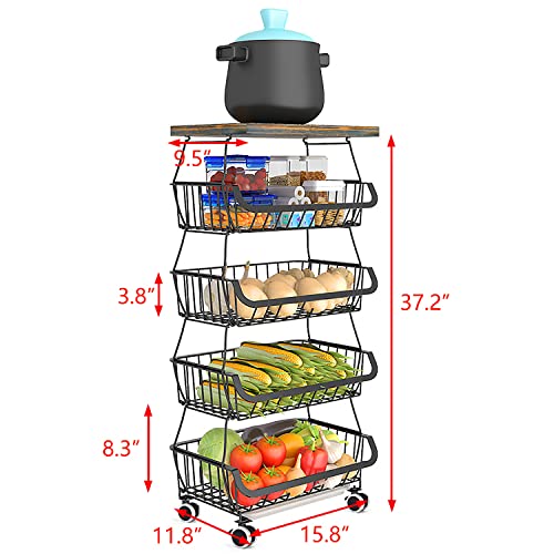 BEEY Vegetable Storage Rack with Wood Tabletop 5 Tier Stackable Storage Baskets with Wheels Vegetable Fruit Baskets Utility Cart Rack for Pantry,Garage