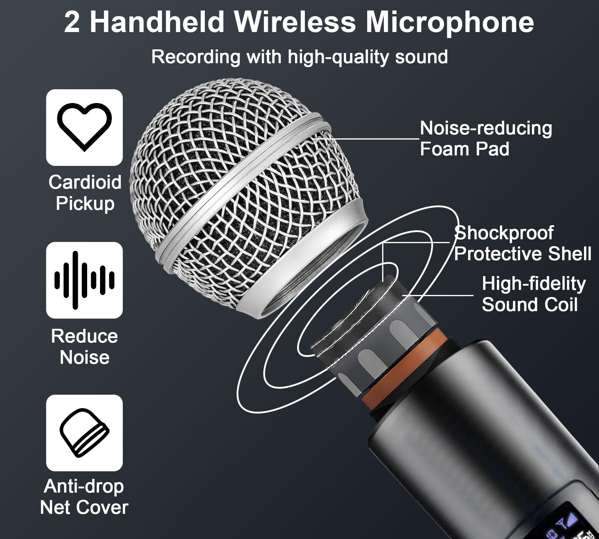 ALPOWL Wireless Microphone, UHF Dual Handheld Cordless Microphone with Rechargeable Receiver, 40H Duration, 200ft Range, Microphone for Singing, Karaoke, Church, Speech, Wedding, Party Singing