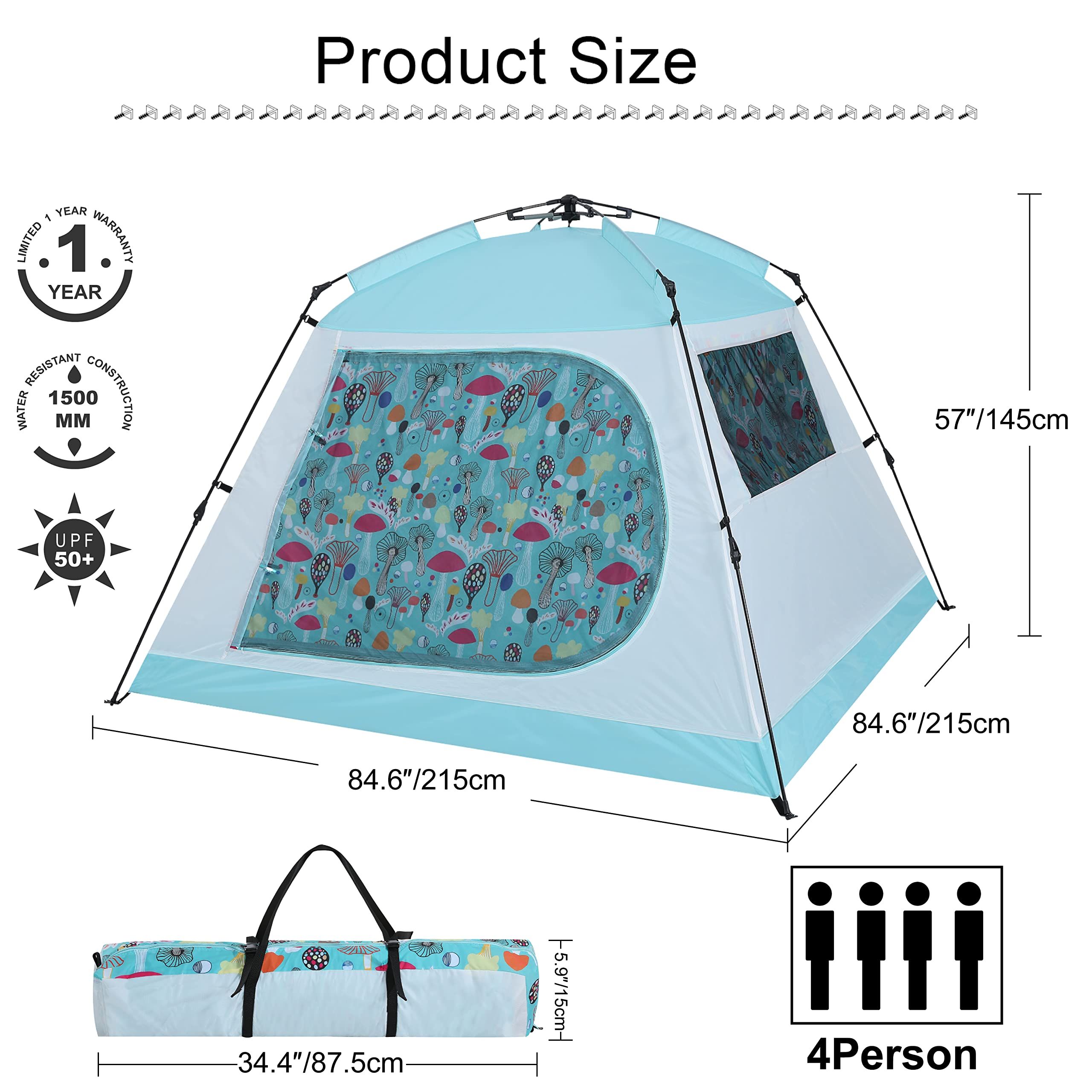 ABCCAMPING Camping Tent for 4 Person, Auto One Touch Tent Pop-Up Camping Tent,Family Dome Waterproof Backpacking Tent Easy Setup UV Cut Sun Shelter Tent(Sky Blue)