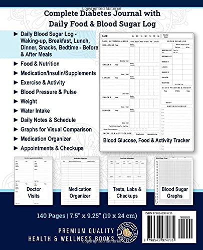 Complete Diabetes Journal with Food & Blood Sugar Log: Daily Blood Glucose Monitoring at Each Meal(Before/After) with Food, Nutrition, Medication/Insulin, Exercise, Activity Tracking & More