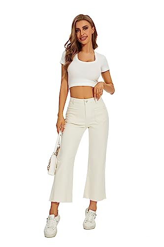 DECIVI Women Straight Leg Capris Jeans Mid Rise Cropped Pants Stretchy Ankle Length with Pockets White