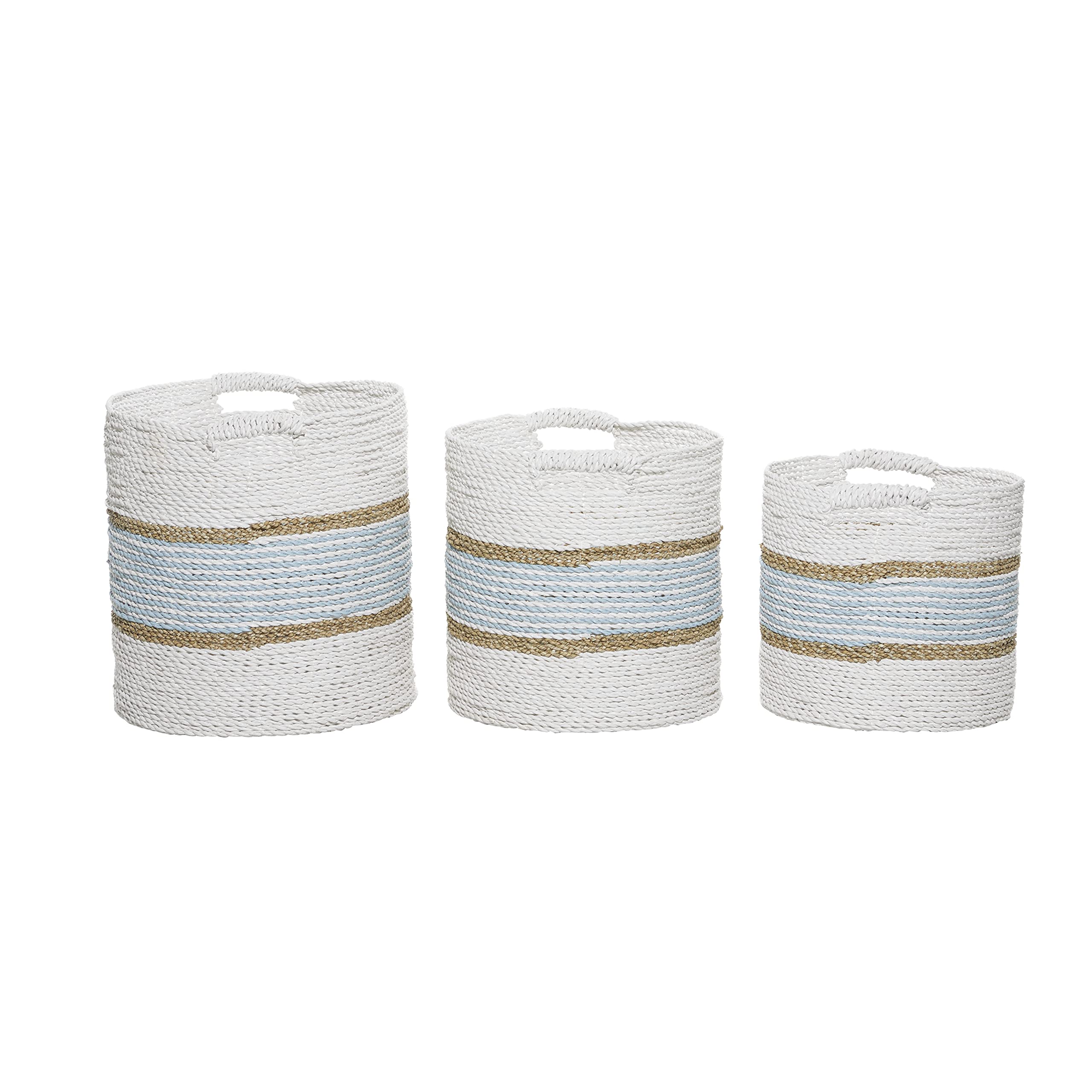 Deco 79 Wood Cylinder Storage Basket with Handles, Set of 3 16", 14", 13"H, White