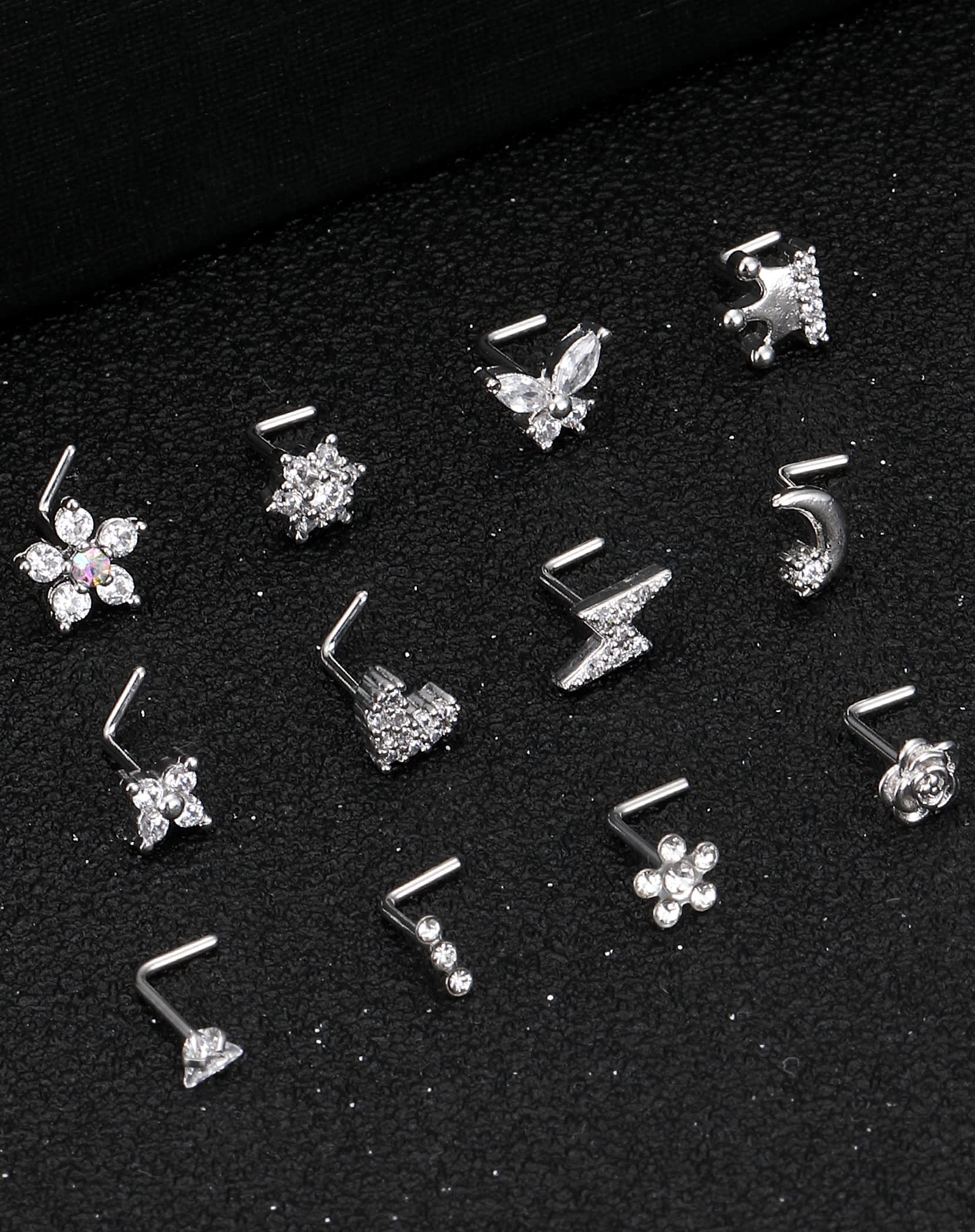 Akeoqi 12Pcs Nose Stud L Shape Nose Rings Cubic Zirconia Butterfly Flower Eye Moon Heart Crown Lightning Piercing Jewelry for Women Men 20G Silver Tone