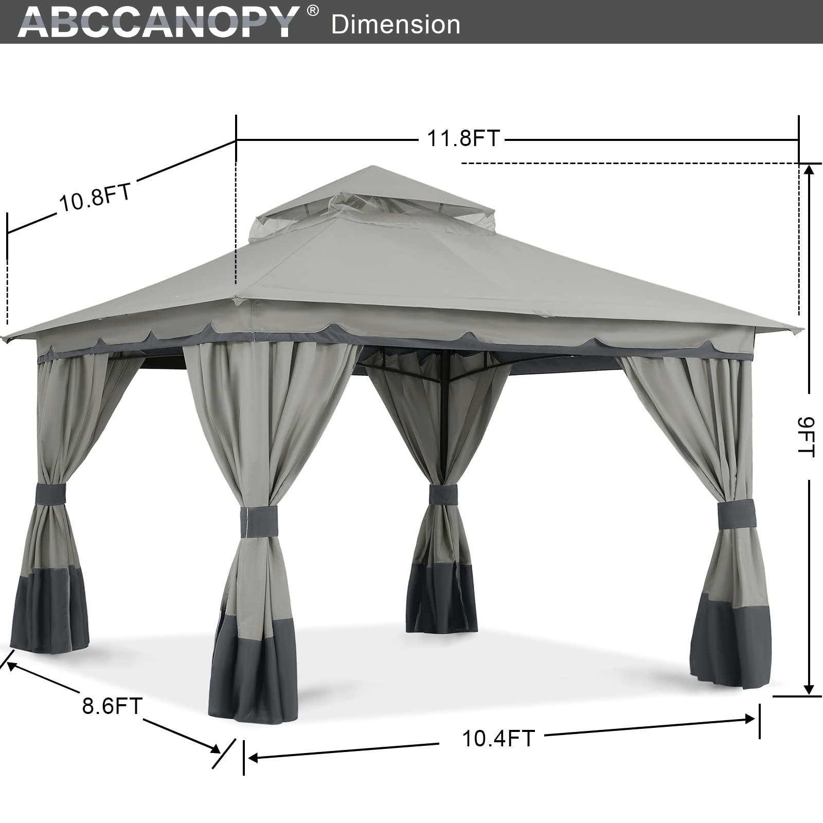ABCCANOPY 10'x12' Outdoor Gazebo, Double Roof Patio Gazebo with Shade Curtains, Light Gray