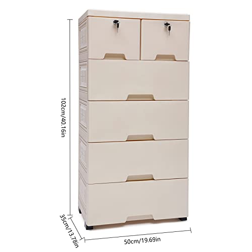 OUKANING Plastic 6 Drawers Storage Cabinet, Modern Beige PP Stackable Vertical Clothes Storage Tower for Storing Clothes, Toys, Books, and Other Items
