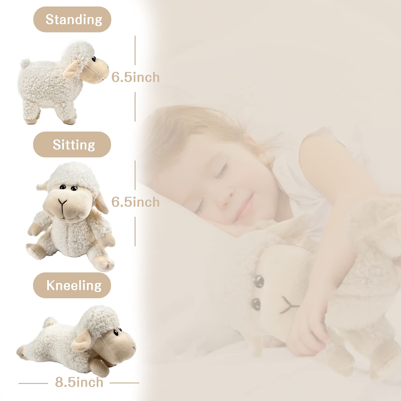 Frankiezhou Home 3 Pcs Stuffed Sheep Animals, 6.5 inch - 8.8 inch Cute Lamb Plush Toy as Gift for Your Kids (Sitting, Standing, Lying). (White)