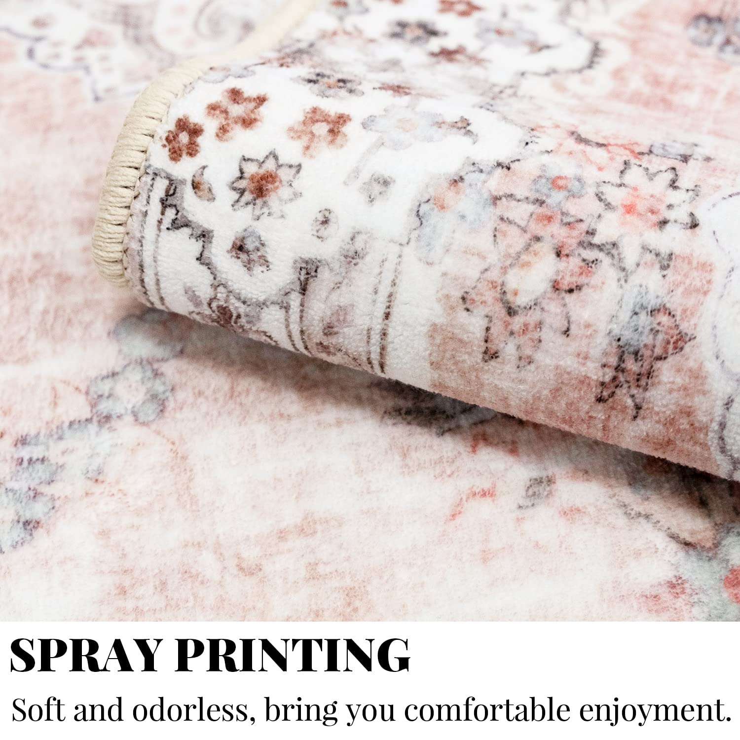 MUJOO 5'x7' Area Rugs Pink Machine Washable Boho Rug for Bedroom,Living Room, Laundry Room Kitchen Non Slip Carpet Abstract Soft Low-Pile Floral