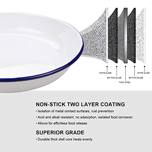 Webake 9.5 Inch Enamel Plates, 2 Pack Salad Pasta Bowls Enamelware Dinner Plates White Body with Blue Rim, Serving Trays for Dinner, Outdoor, Picnic, BBQ, Butter