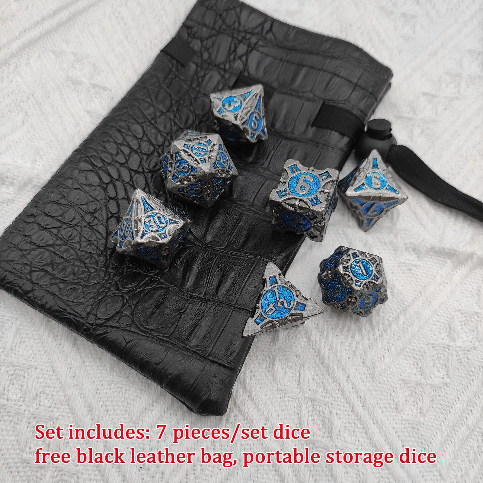 AHDKEJG Metal DND Dice Set of 7 Dungeons and Dragons D&D RPG MTG Polyhedral Figit Dice Table Games D20 Pathfinder Card Accessories Gift Black Leather Bag-Silver Green