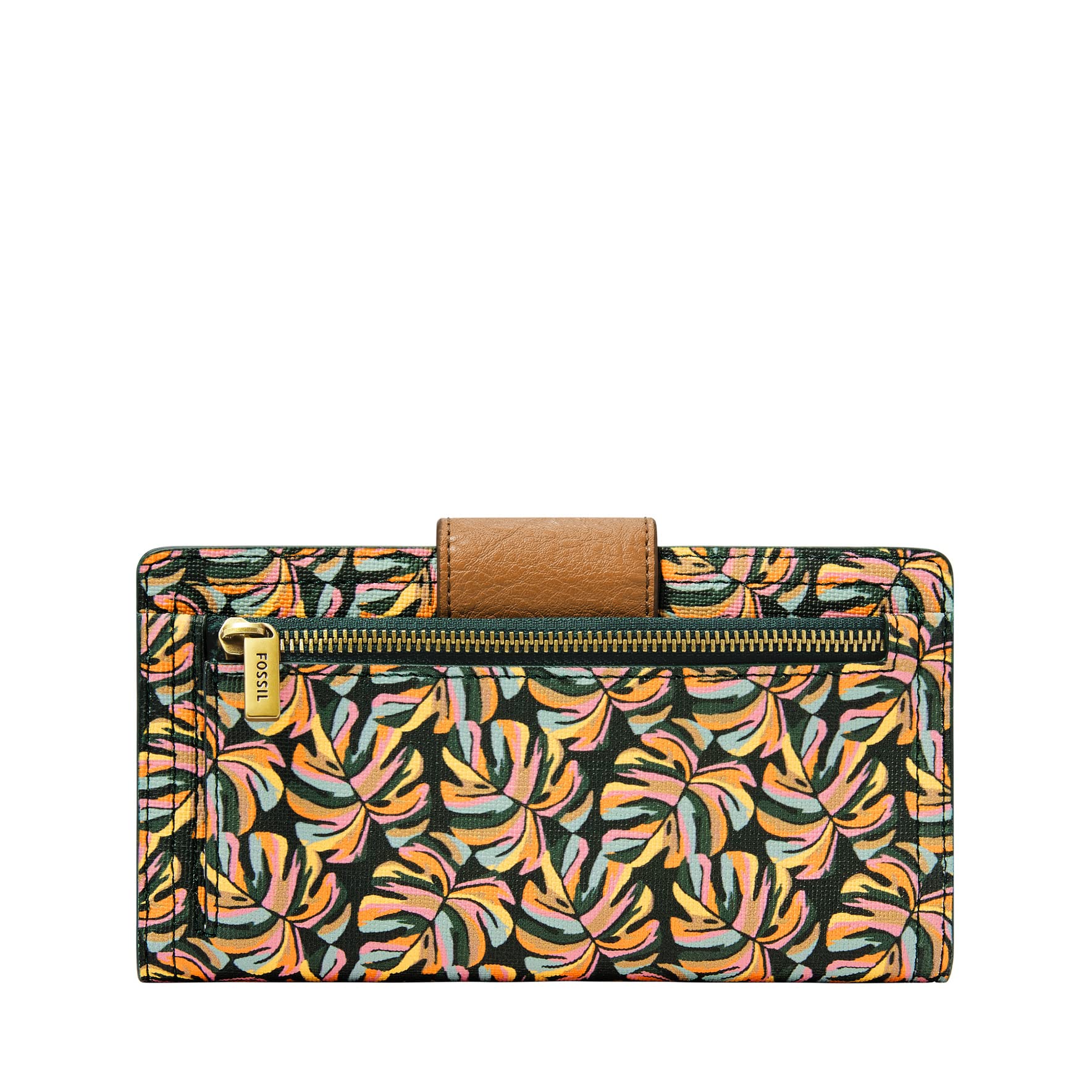 Fossil Women's Logan Faux Leather Wallet RFID Blocking Tab Clutch, Green Multi Palm (Model: SL6585335)