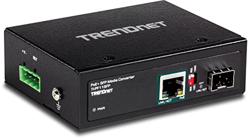 TRENDnet Industrial SFP to Gigabit PoE+ Media Converter, IP30 Rated Housing, Operating Temperature Range -40°– 75 °C to (-40° – 167 °F), TI-PF11SFP, Black
