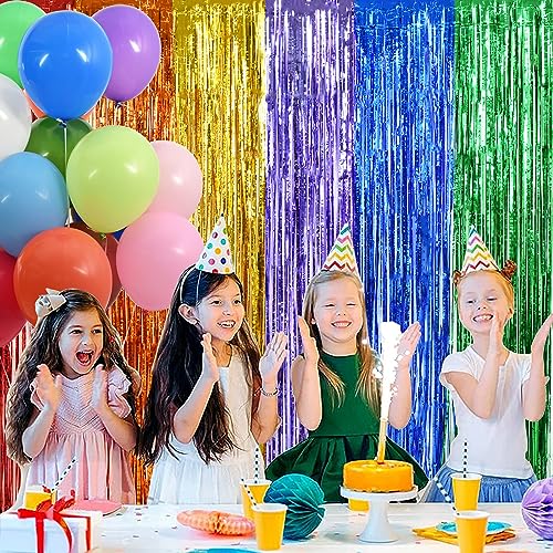 BEISHIDA 4 Pack Rainbow Streamers Fringe Foil Curtain Backdrop Curtain, Tinsel Curtain Wall Door Party Streamers for Birthday Party Decoration(3.28 ft x 6.56 ft)