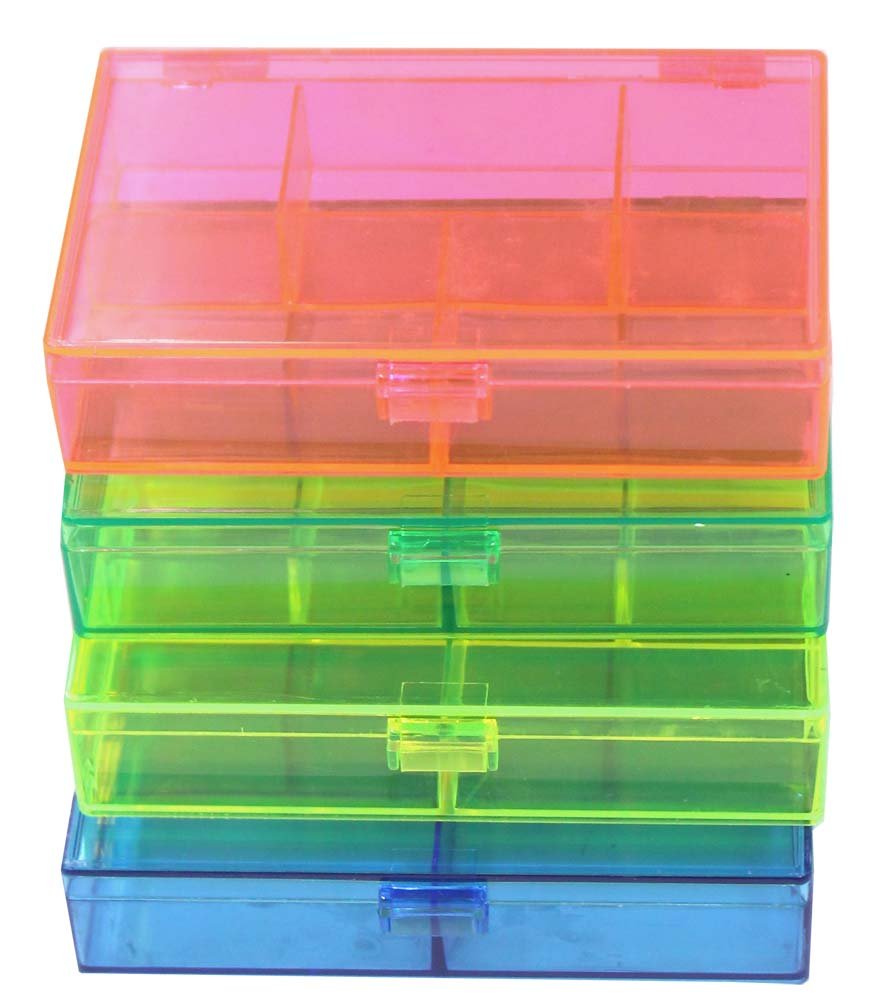 BIN BUDDY Set of 4 | Colored Transparent Plastic Boxes | 4.5" (11.4 cm) x 3" (7.6 cm) x 1" (2.5 cm) | Hinged Lids, 5 Internal Sections | For Crafts, Sewing