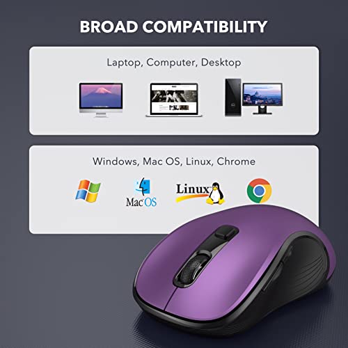Deeliva Wireless Mouse, Computer Mouse Wireless 2.4G USB Cordless Mouse with 3 Adjustable DPI, 6 Buttons, Ergonomic Portable Silent Mice for Laptop PC Computer Chromebook (Purple)