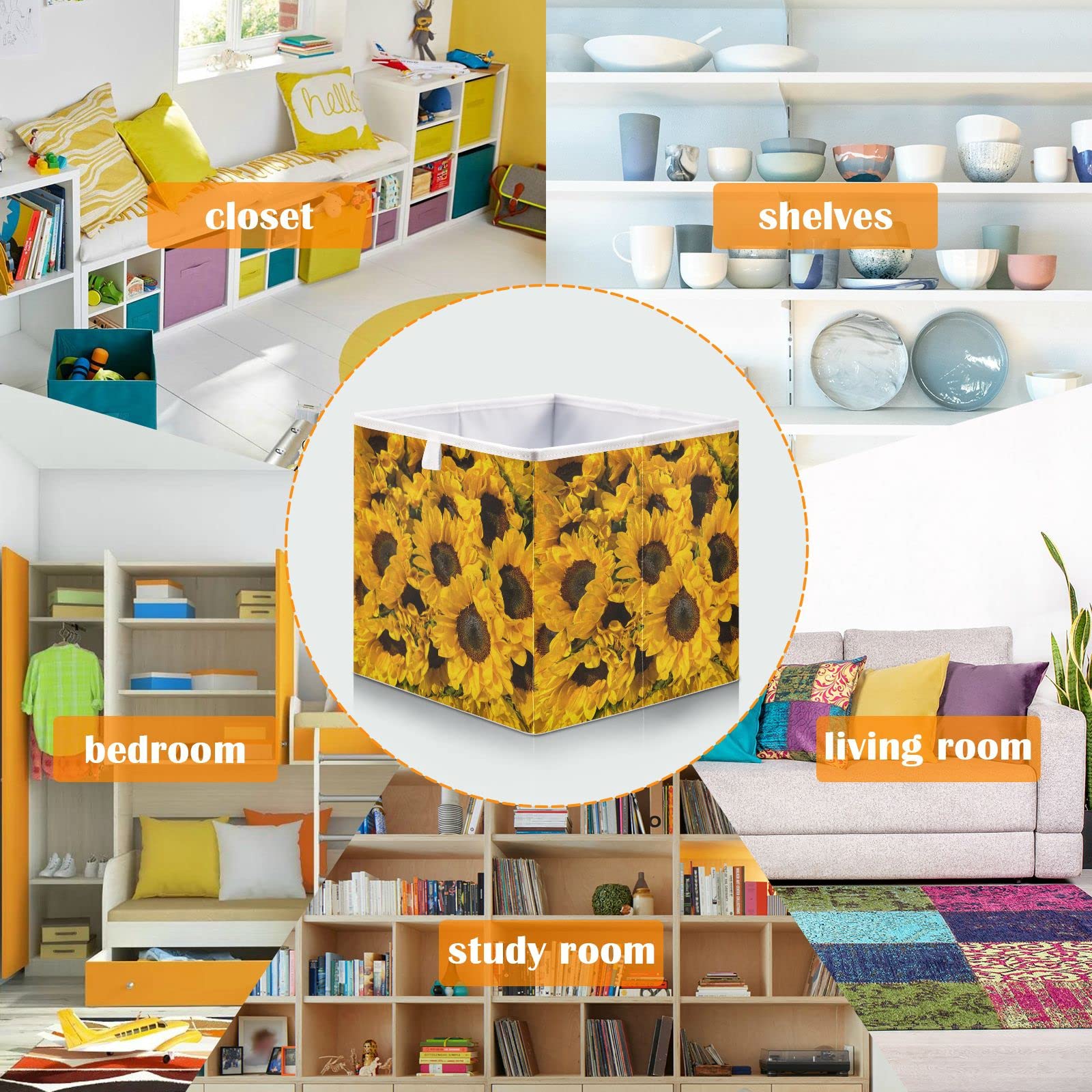 DOMIKING Sunflowers Storage Bin for Closet Shelves Bedroom Foldable Fabric Storage Baskets with Sturdy Handle Large Baskets Organization Cubes 11 Inch