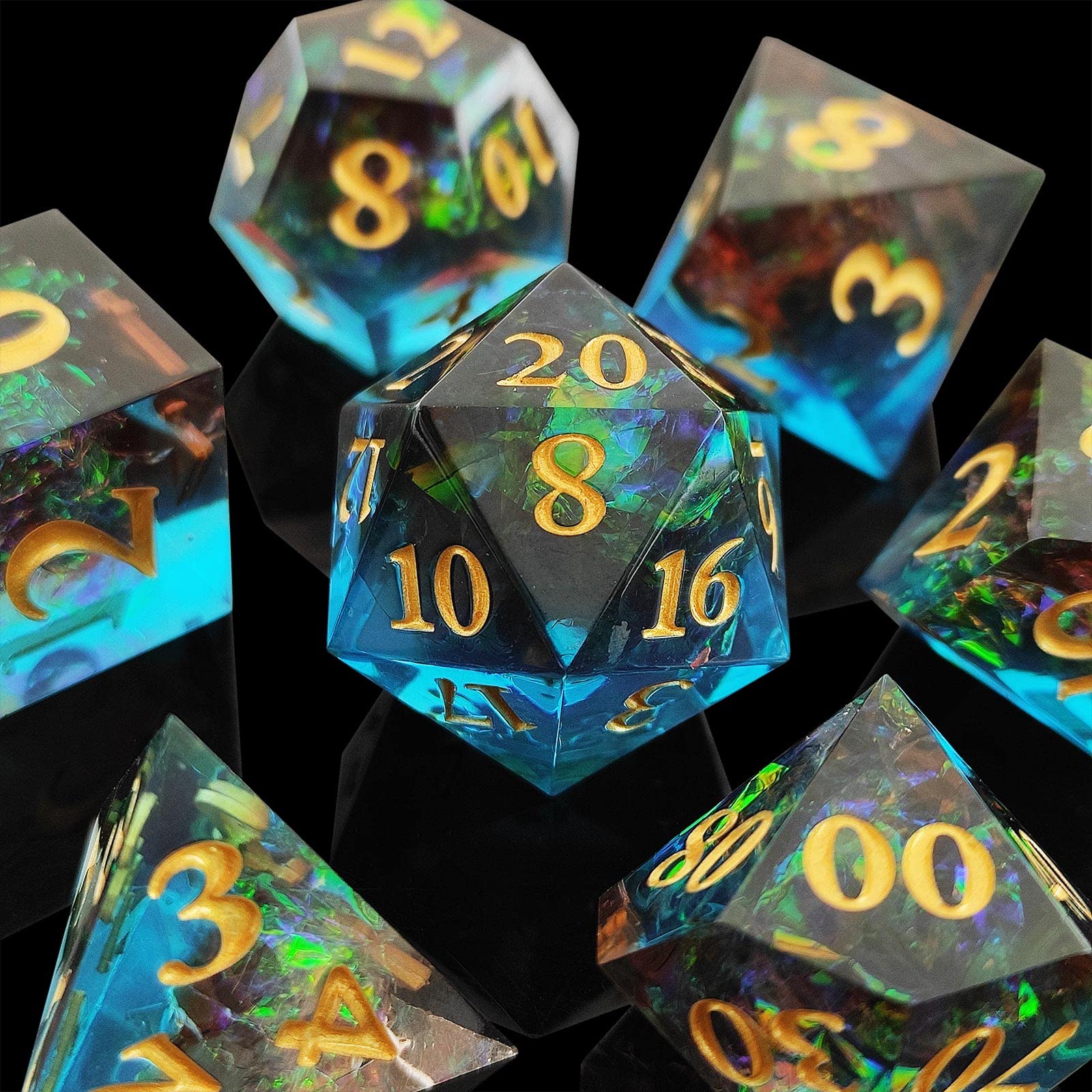 AJKDEUIH DND Dice Set 7pcs D&D Dungeons and Dragons Gifts D20 Polyhedral Sharp Edge Resin Dice Pathfinder RPG MTG Role Playing D and D Table Games Accessories with Black Storage Bag-Brown Blue